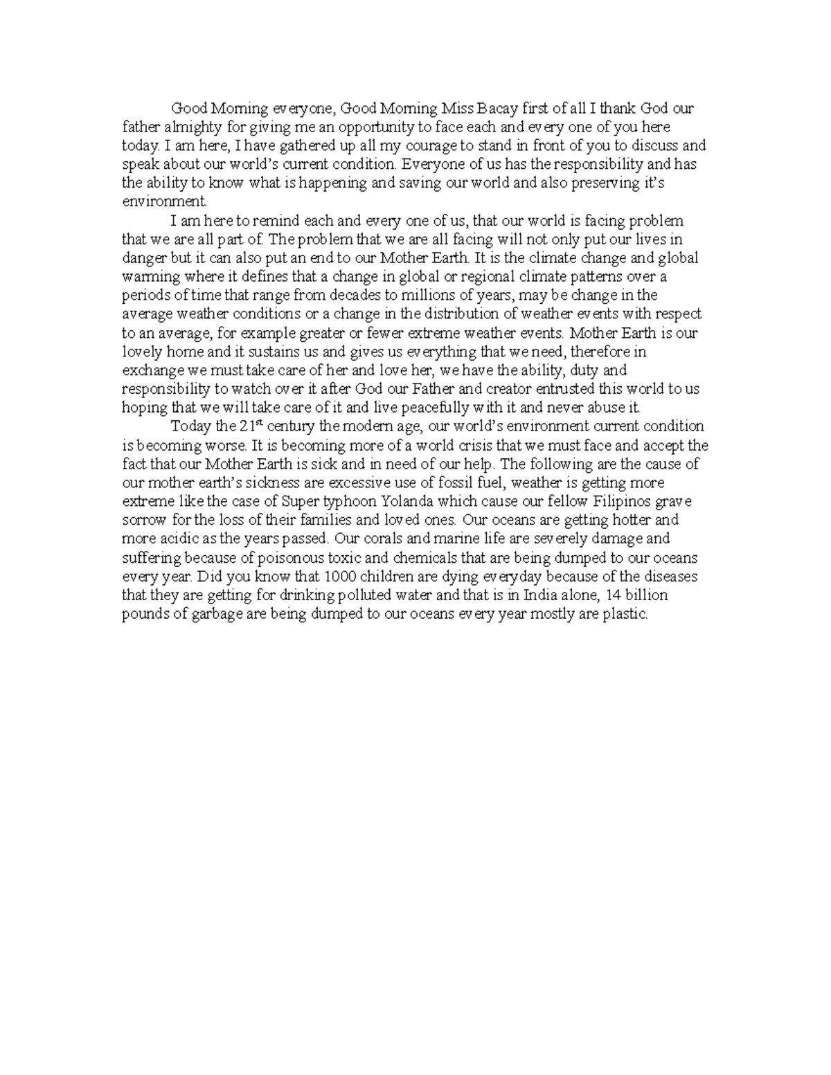 Speech-english - Grade: GR 11 - Good Morning everyone, Good Morning ...