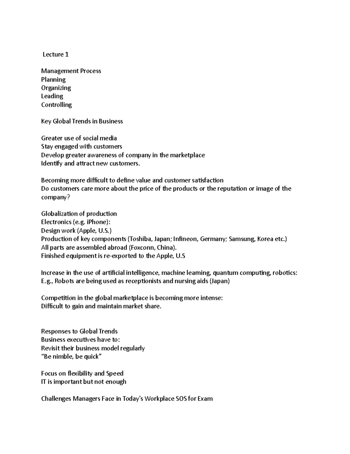 Gms Lecture 1 Notes Lecture 1 Management Process Planning Organizing Leading Controlling Key