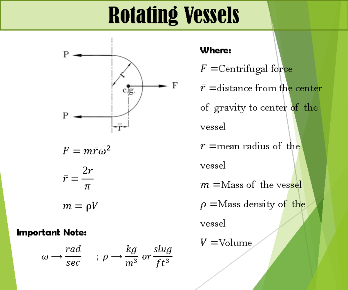MECH04 Rotating Vessel 11022023 - Rotating Vessels 𝐹 = 𝑚 ҧ𝑟𝜔 2 𝑟 = ҧ 2𝑟 ...