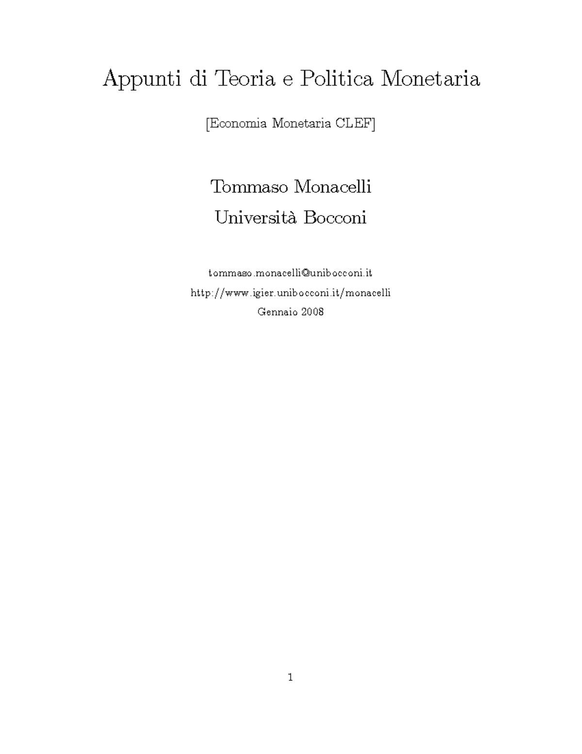 Appunti di Teoria e Politica Monetaria - Tommaso Monacelli - Appunti di ...