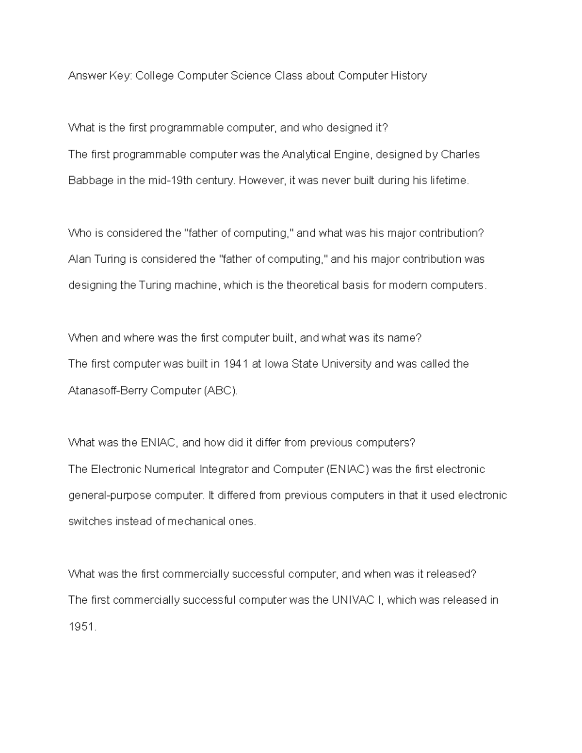 Answer Key College Computer Science Class about Computer History ...