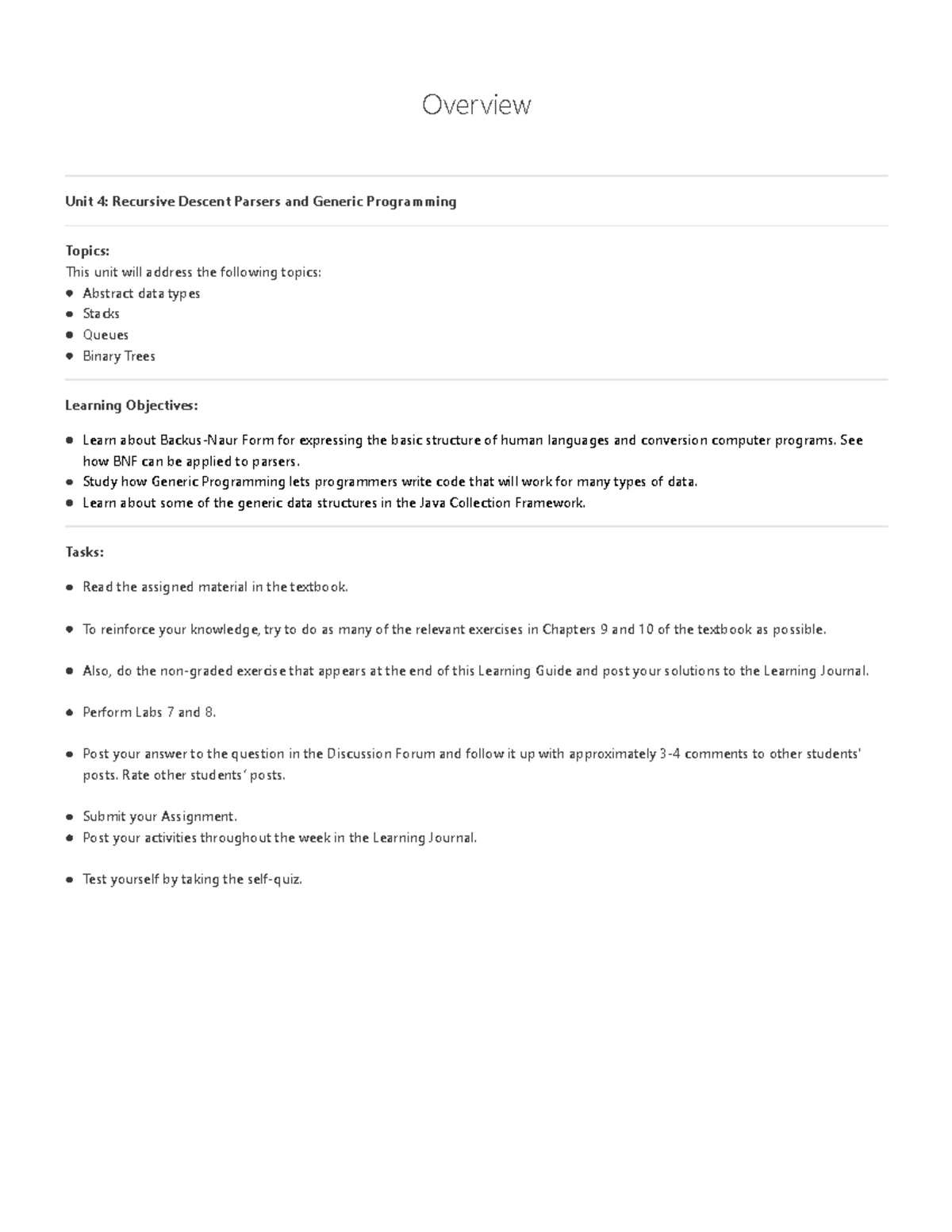 CS1103 Learning Guide Unit 4 - Overview Unit 4: Recursive Descent Parsers and Generic ...