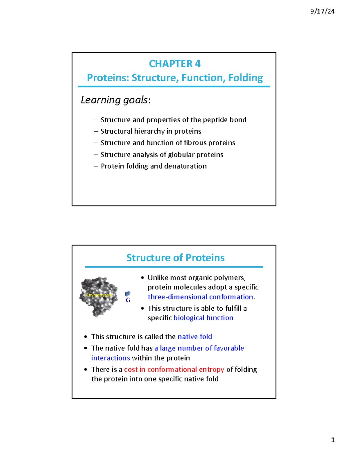 Chapter 4 Lecture 1 - CHAPTER 4 Proteins: Structure, Function, Folding Structure and properties ...