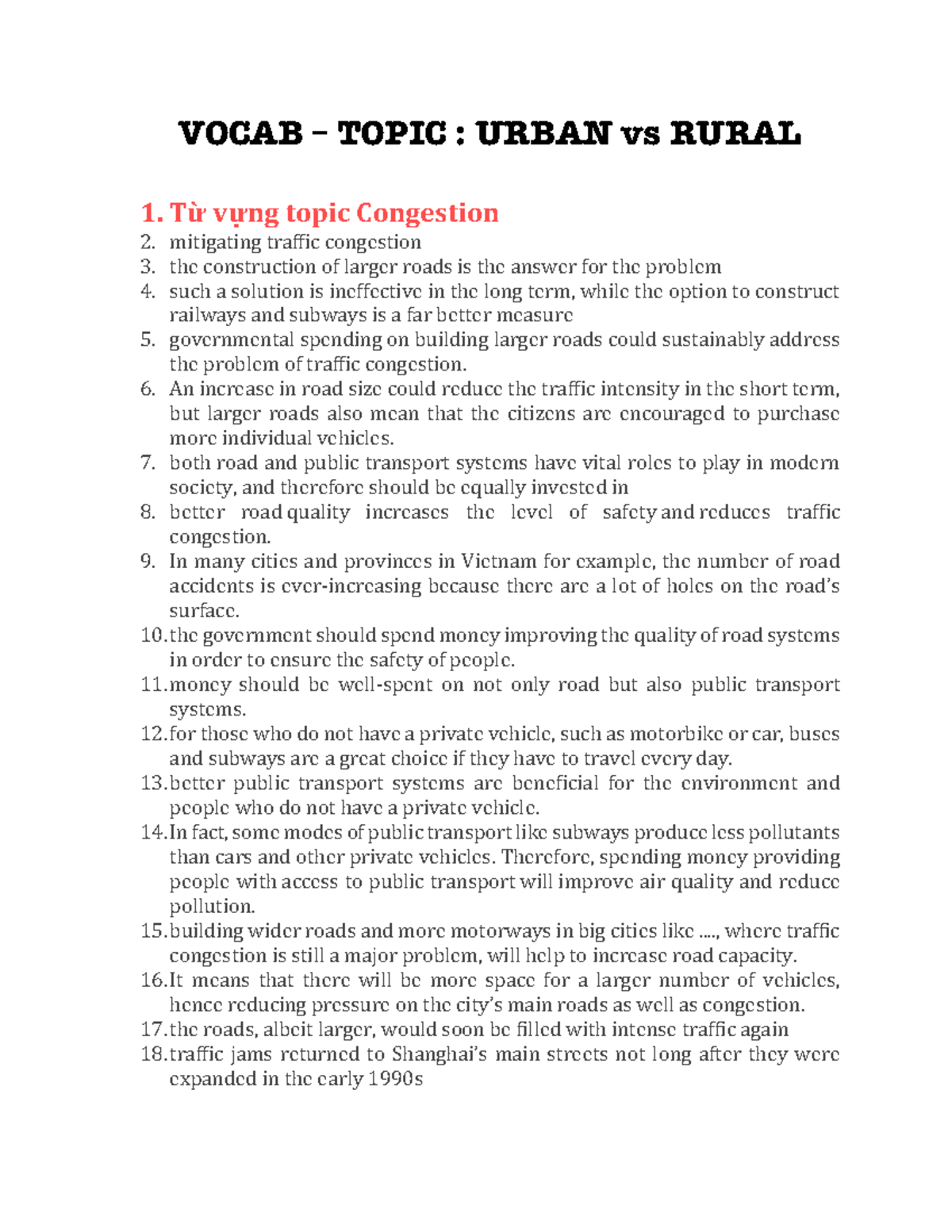 Urban vs rural - IELTS - VOCAB – TOPIC : URBAN vs RURAL 1. Từ vựng ...