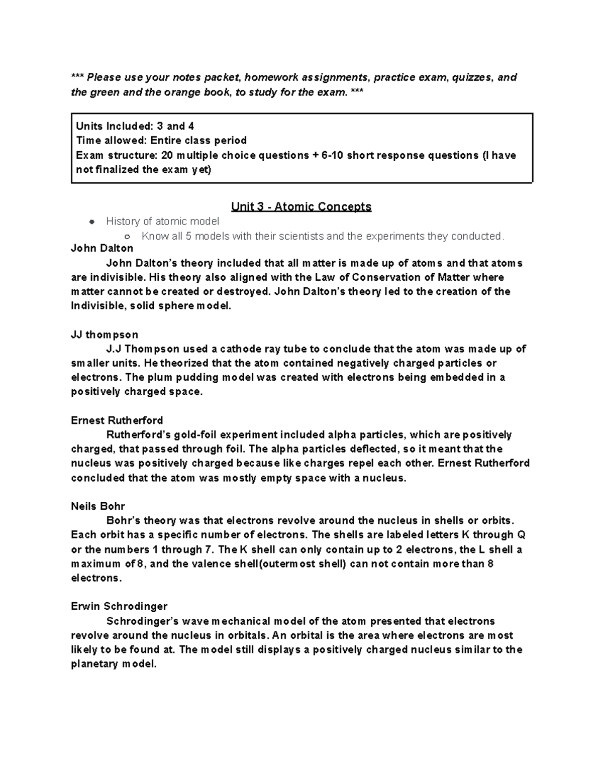 Exam 2 study guide - Unit 3 (Atomic Concepts) and Unit 4 (Periodic ...