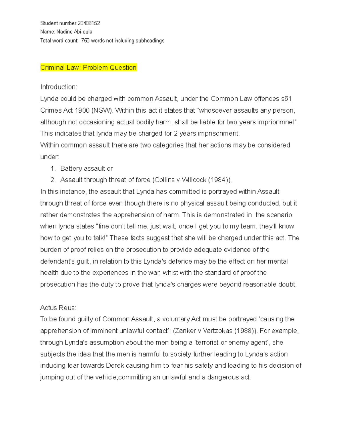 Criminal law problem question - Student number: Name: Nadine Abi-oula ...