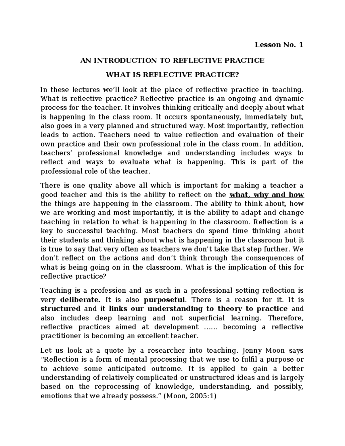 EDU406 - lecture notes - Lesson No. 1 AN INTRODUCTION TO REFLECTIVE ...