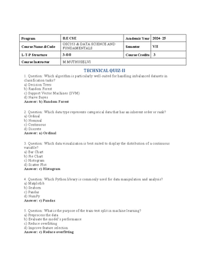 CIA 2 QP AD3491-FDSA - Good - Accredited by NAAC Approved by AICTE, New Delhi; Affiliated to ...