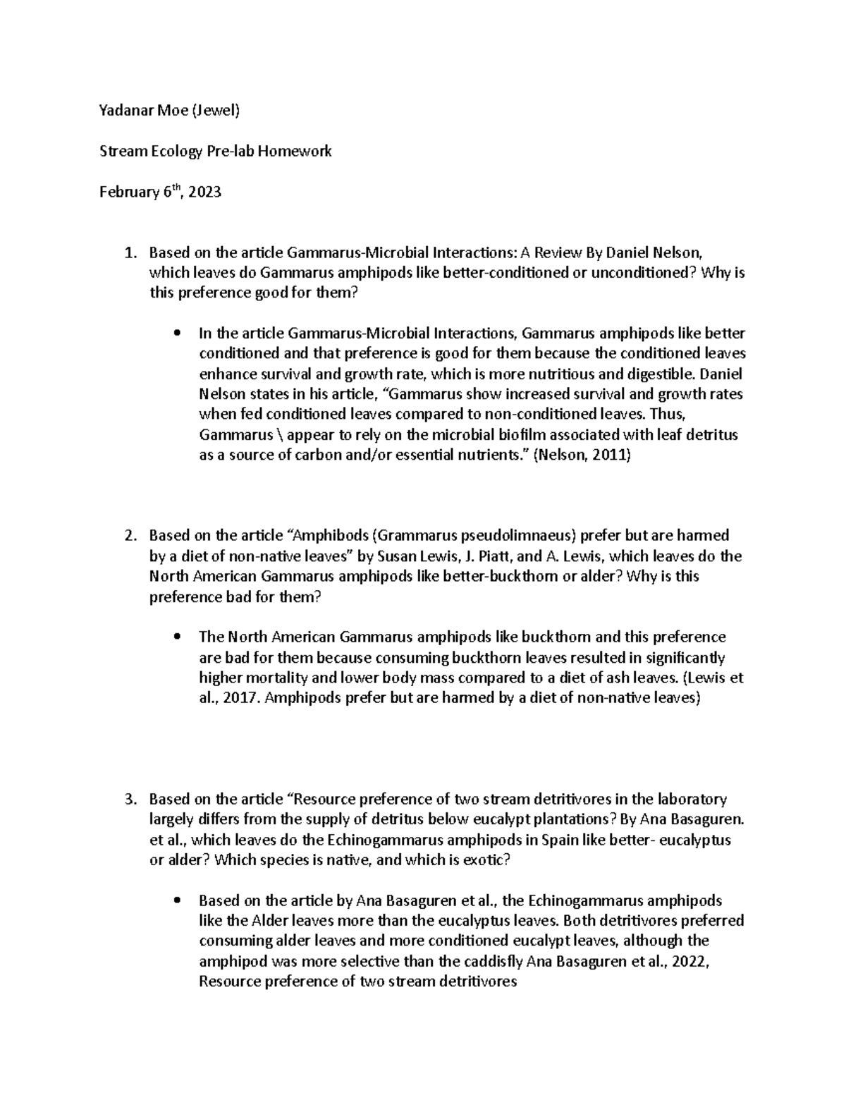 Stream Ecology Prelab (Homework) - BIO 192 - Studocu