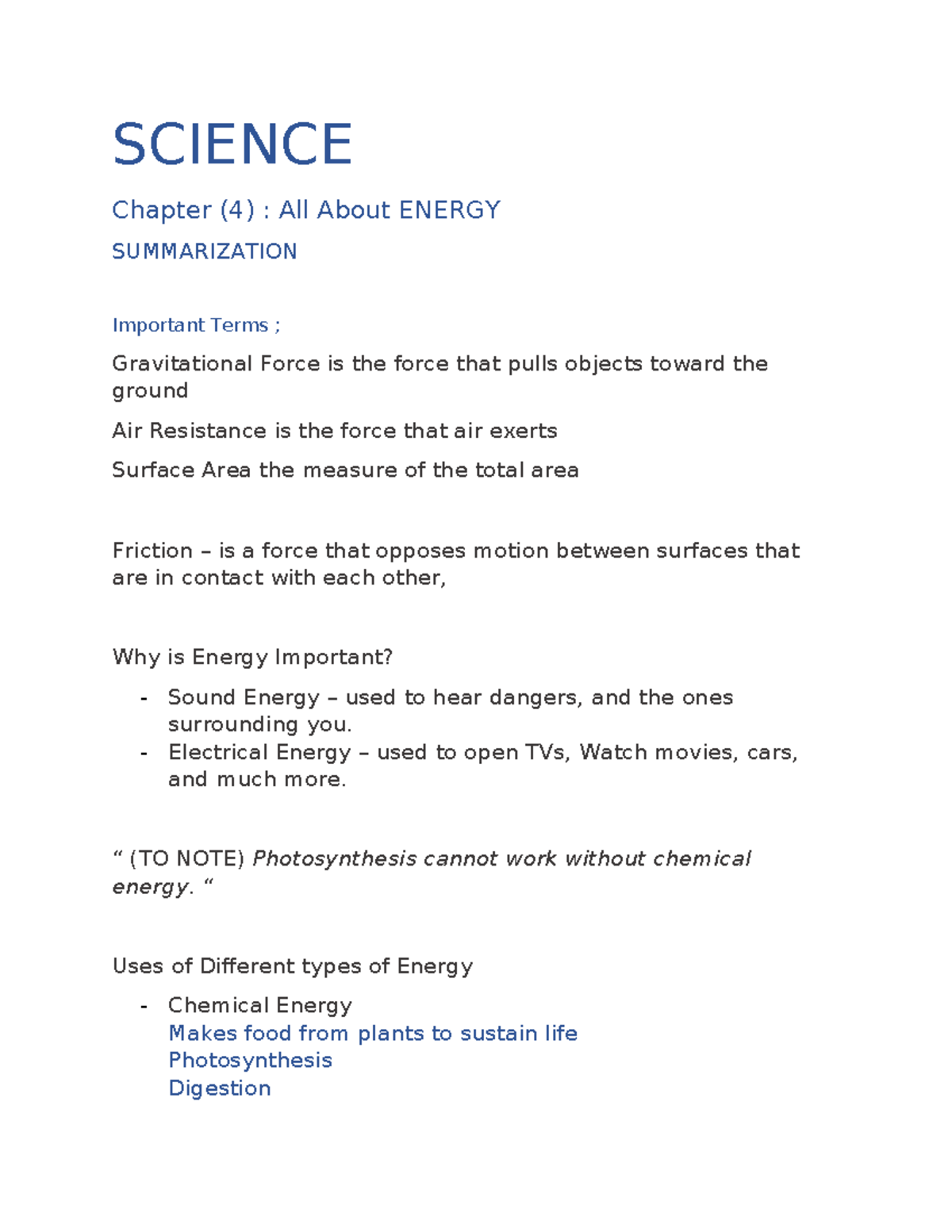 Science Notes - SCIENCE Chapter (4) : All About ENERGY SUMMARIZATION ...