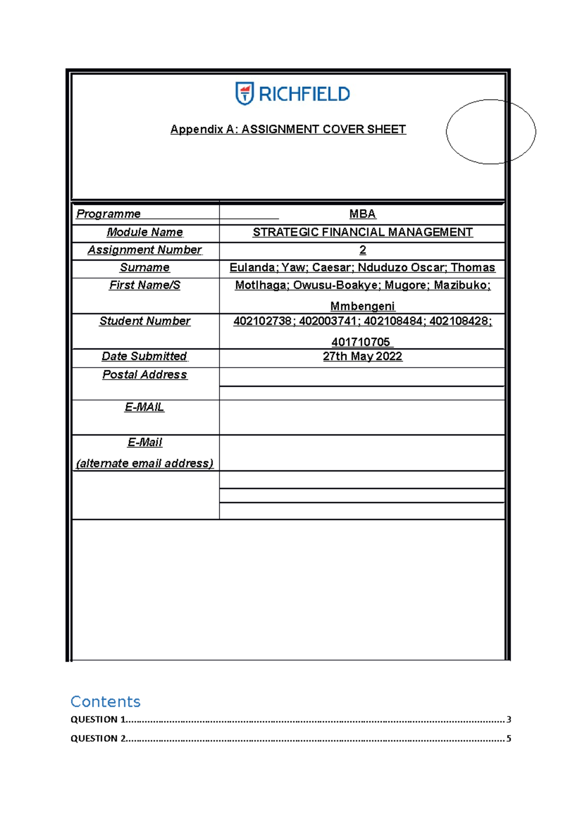 Strategic Financial Management Group Assignment - Appendix A ...