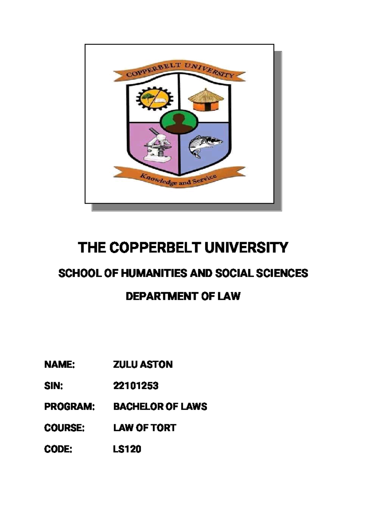 Assignment Astone - THE COPPERBELT UNIVERSITY SCHOOL OF HUMANITIES AND ...