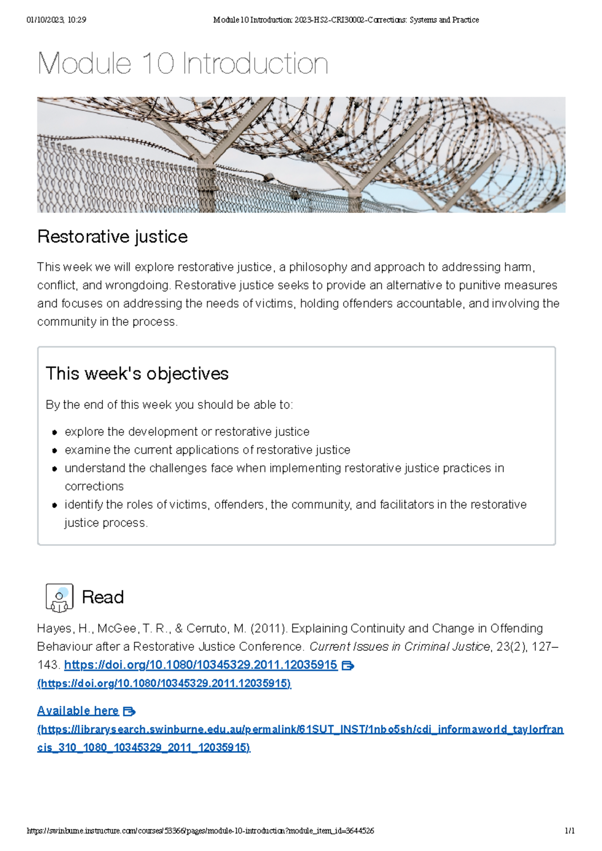 Module 10 Introduction 2023-HS2-CRI30002-Corrections Systems and Practice - - Studocu