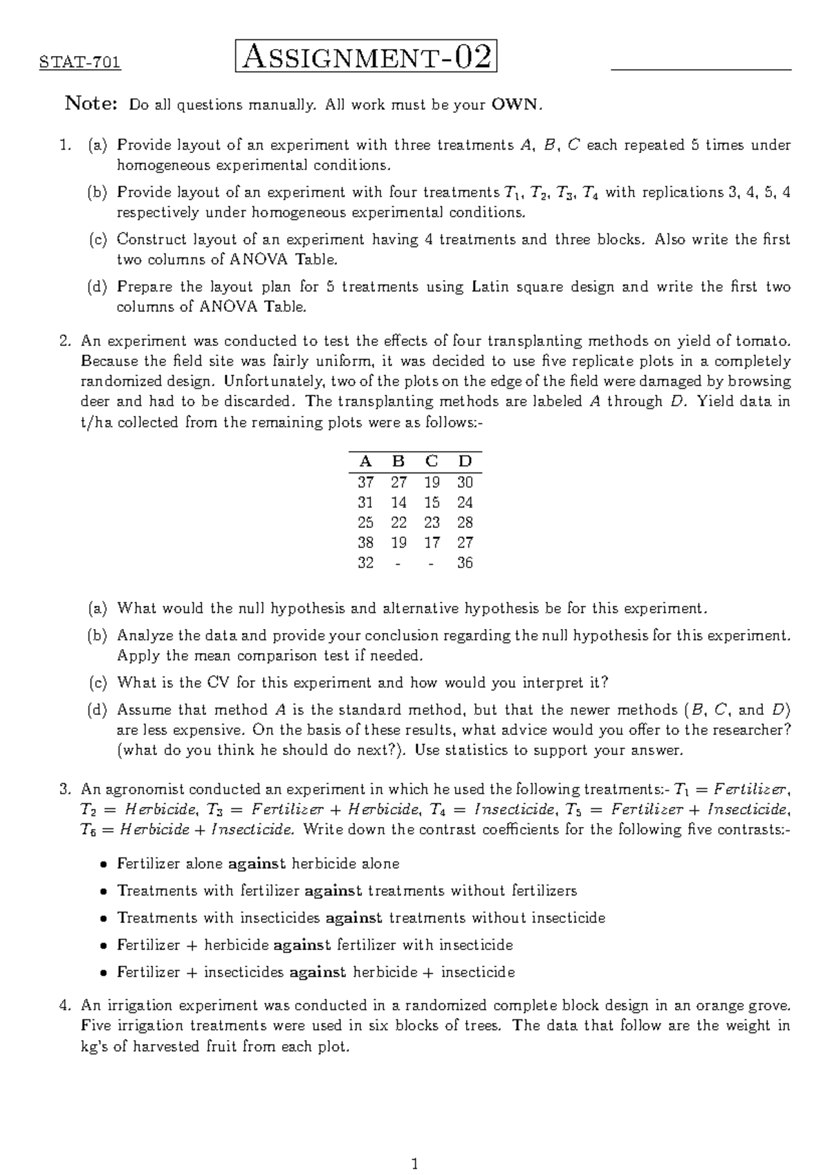 Assignment 02 - STAT-701 Assignment- Note: Do all questions manually ...