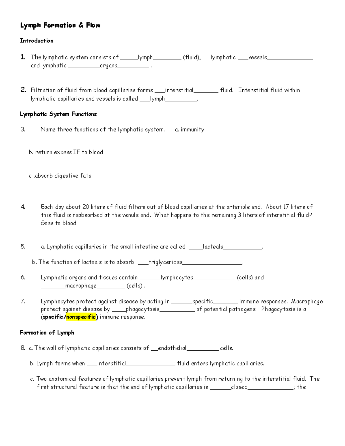 Ch 22 lymph worksheet sp19 - Lymph Formation & Flow Introduction 1. The ...