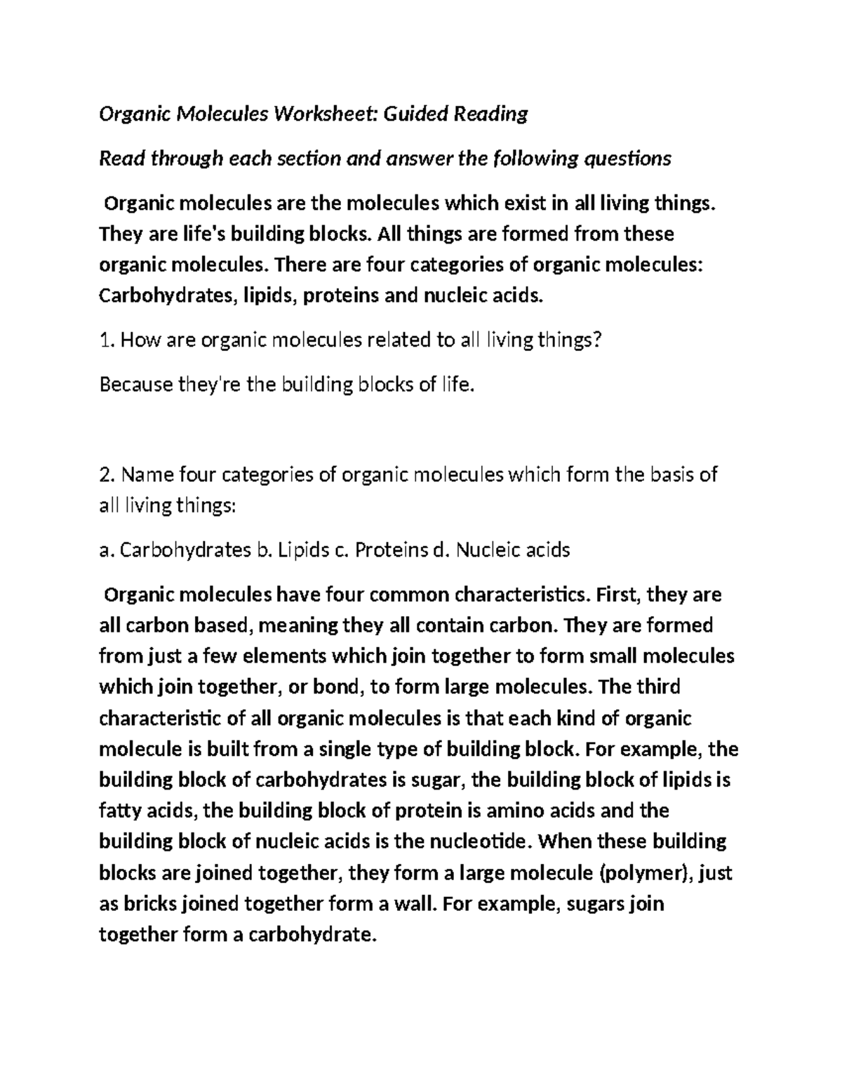 Organic Molecules guided reading - Organic Molecules Worksheet: Guided ...