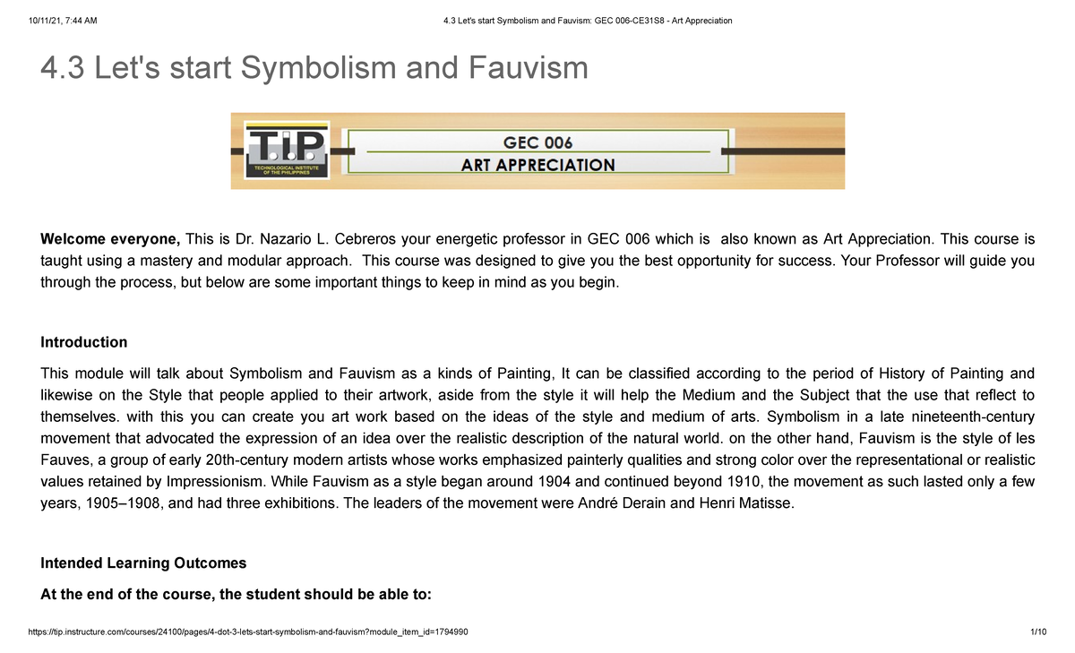 4.3 Let's start Symbolism and Fauvism GEC 006-CE31S8 - Art Appreciation ...
