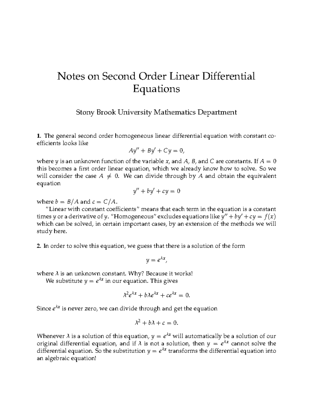 Notes on Second Order Linear Differential - Notes on Second Order ...