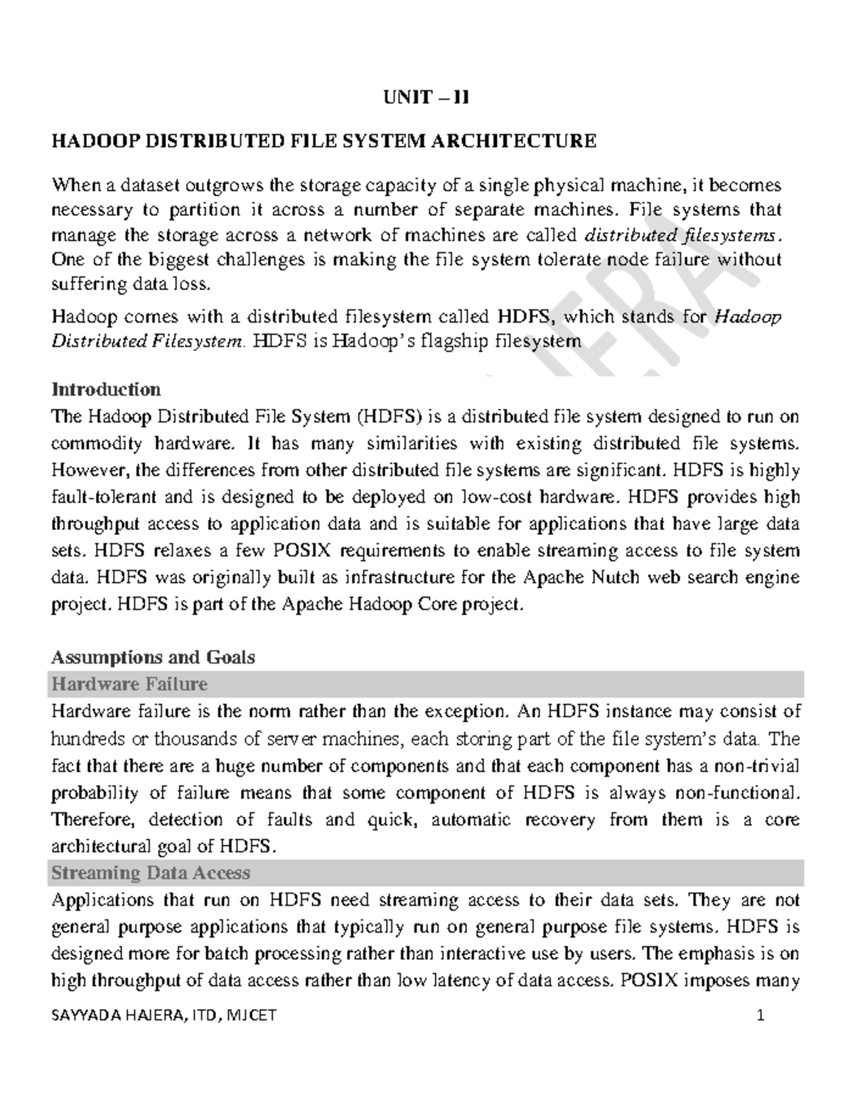 UNIT II - Hshshs - UNIT – II HADOOP DISTRIBUTED FILE SYSTEM ...