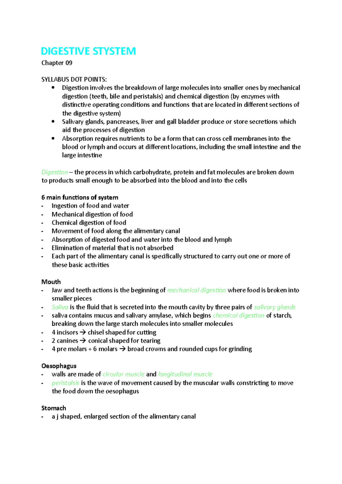 Digestive system - Chapter 09 SYLLABUS DOT POINTS: Digestion involves the breakdown of large ...