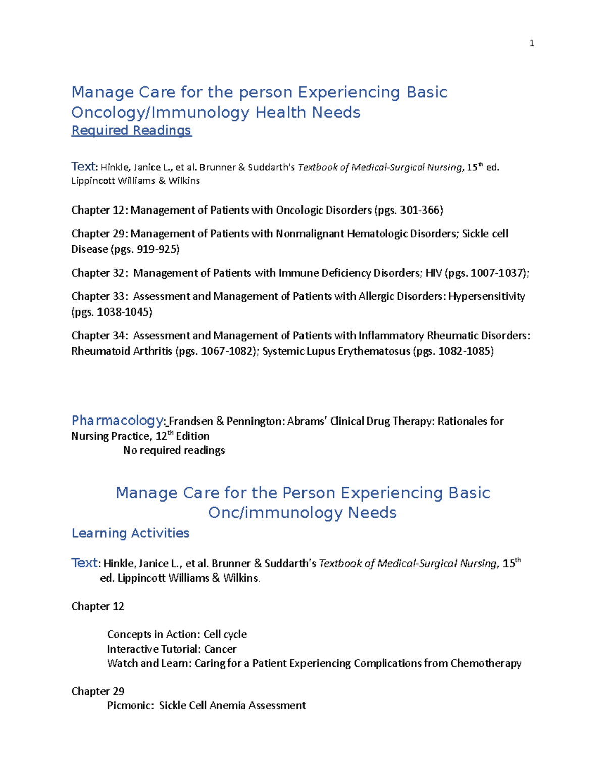 Oncology outline Complete Master - Manage Care for the person ...