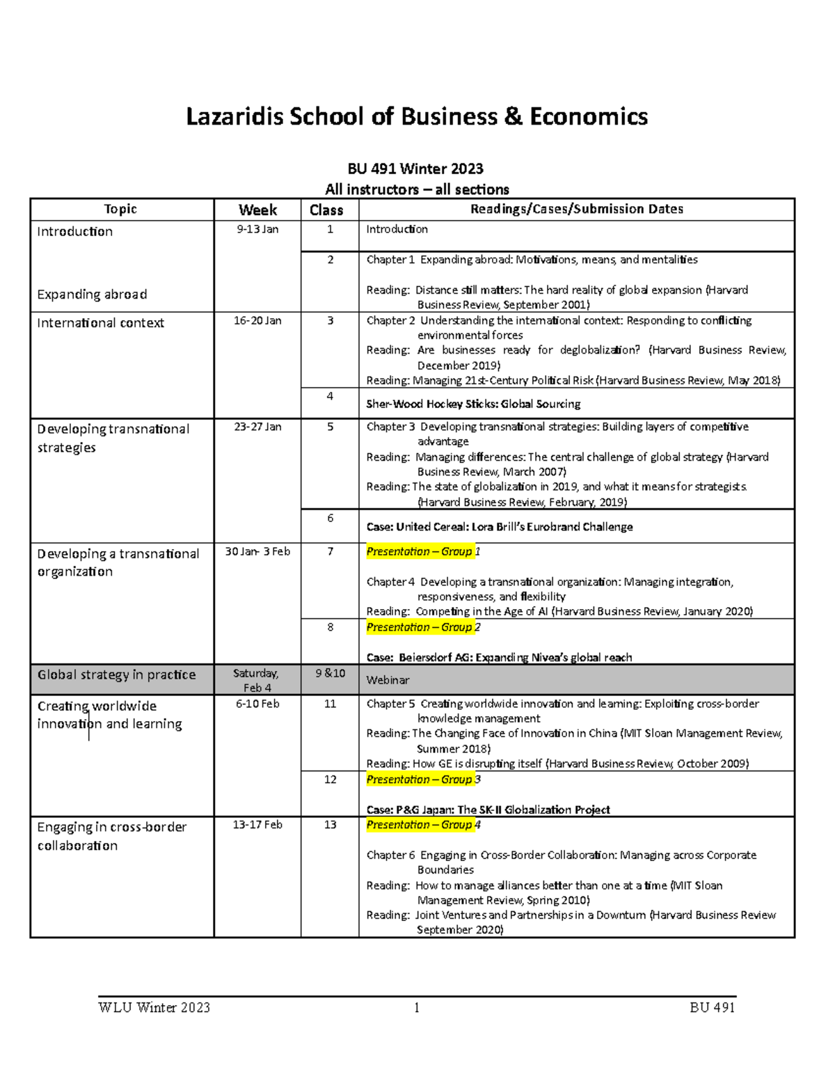 BU491 W2023 Schedule - the syllabus - Lazaridis School of Business ...