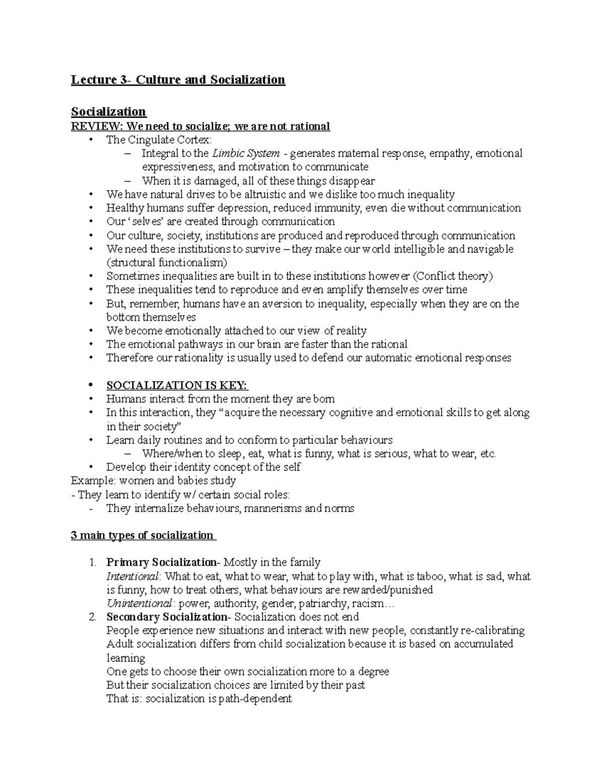 Lecture 3- culture and socialization - Lecture 3- Culture and ...