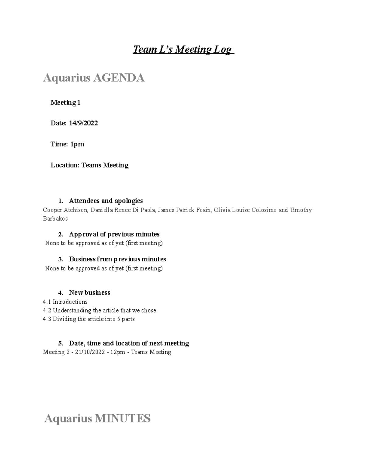 Team L's Meeting Log - asd - Team L’s Meeting Log Aquarius AGENDA ...