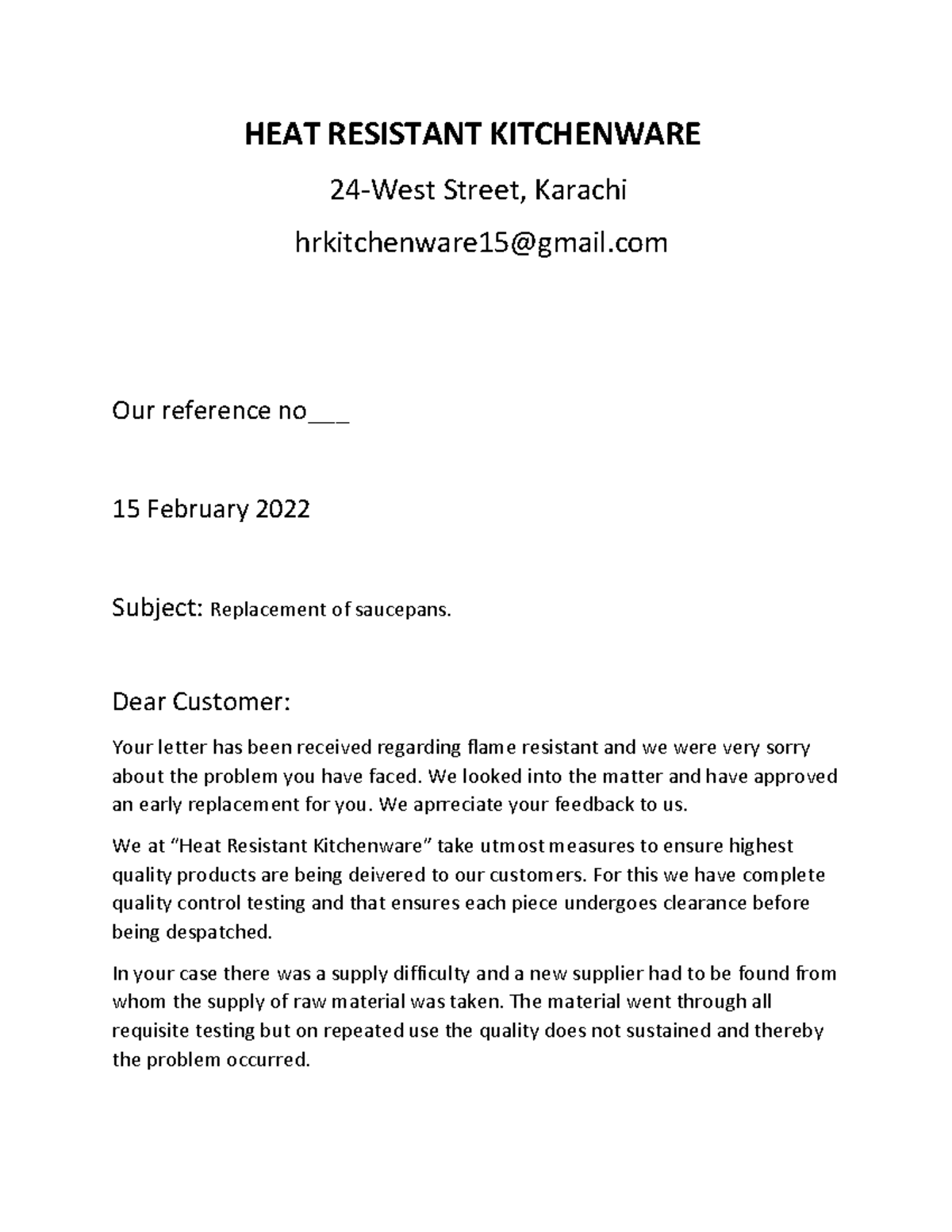 Circular letter 1 - HEAT RESISTANT KITCHENWARE 24-West Street, Karachi ...