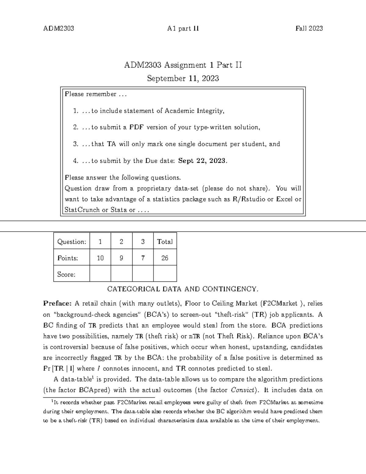 A1Y23v6 - sssss - ADM2303 A1 part II Fall 2023 ADM2303 Assignment 1 Part II September 11, 2023 ...