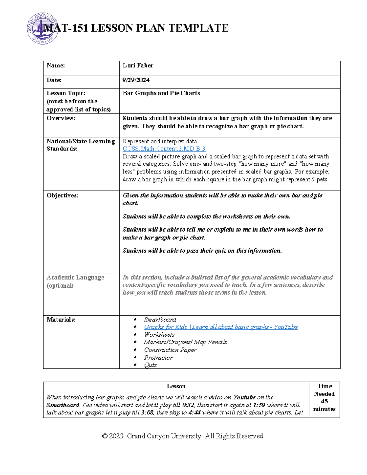 MAT-151 Lesson Plan Template Bar Graphs - Name: Lori Faber Date: 9/29 ...
