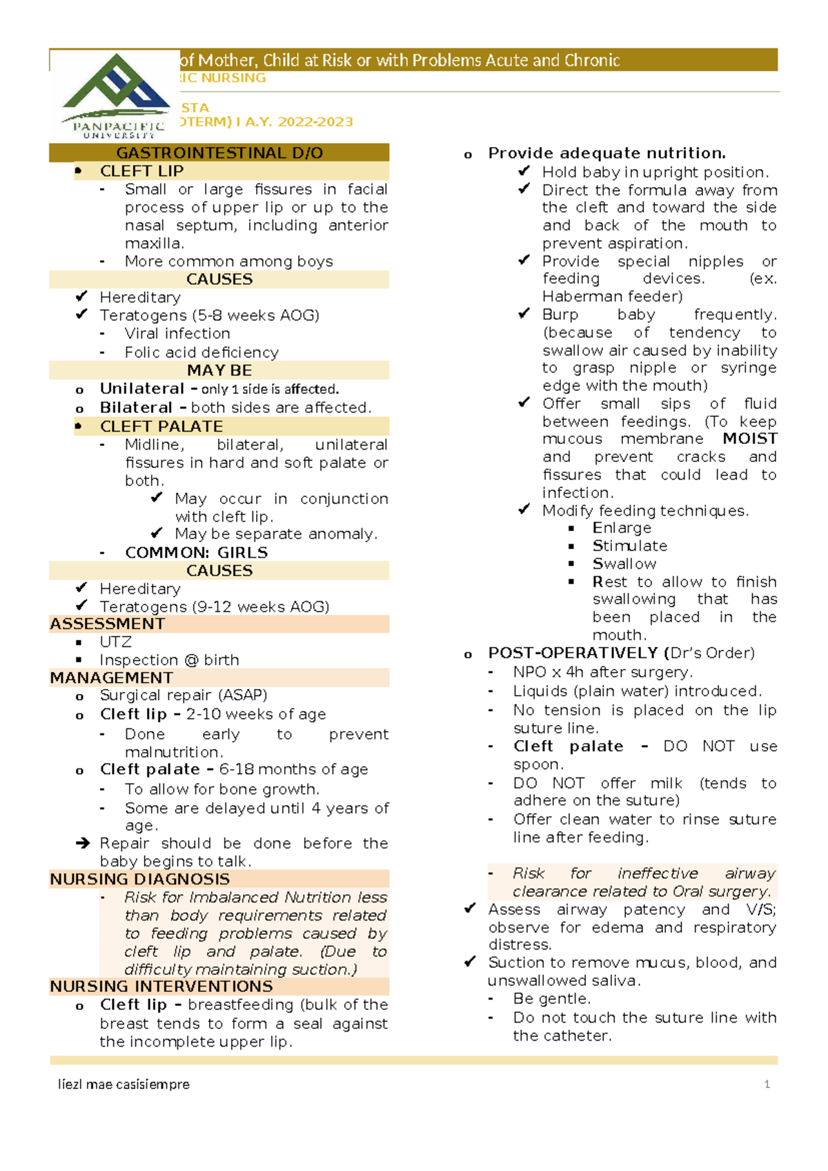 MCN Pedia Trans - notes. - NCM 109 A: Care of Mother, Child at Risk or ...