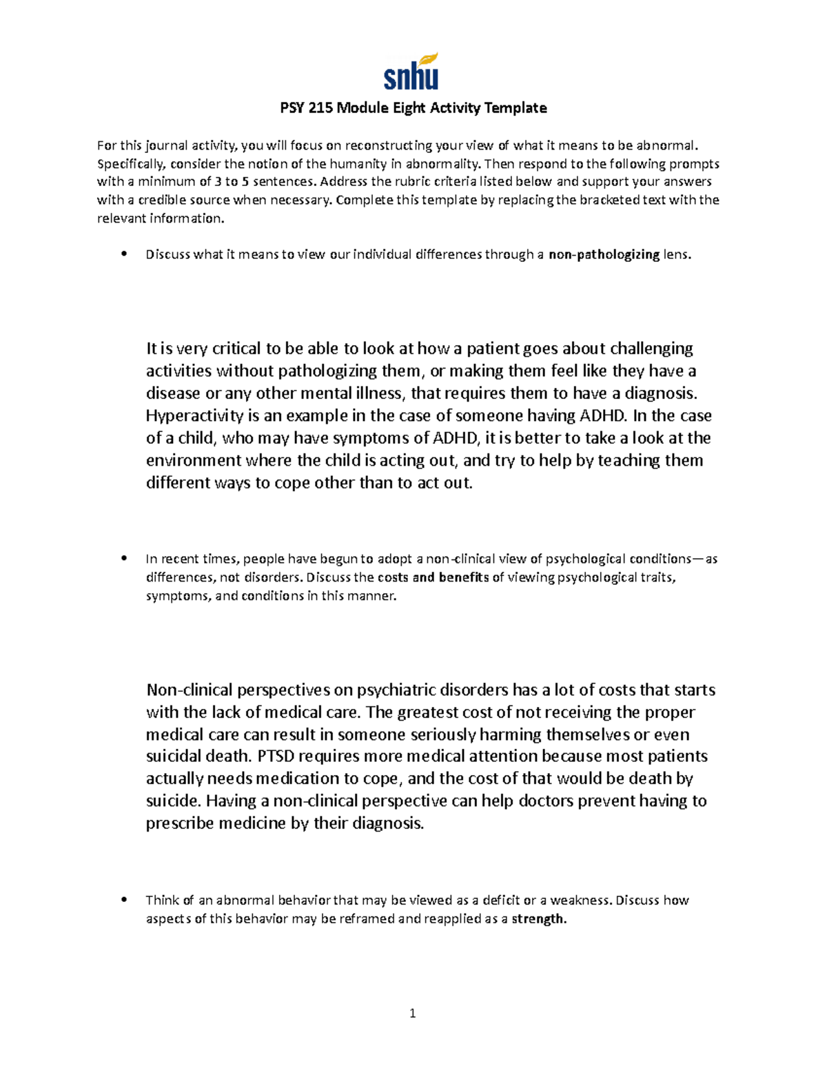 Abnormal Psychology Module 8 - PSY 215 Module Eight Activity Template ...
