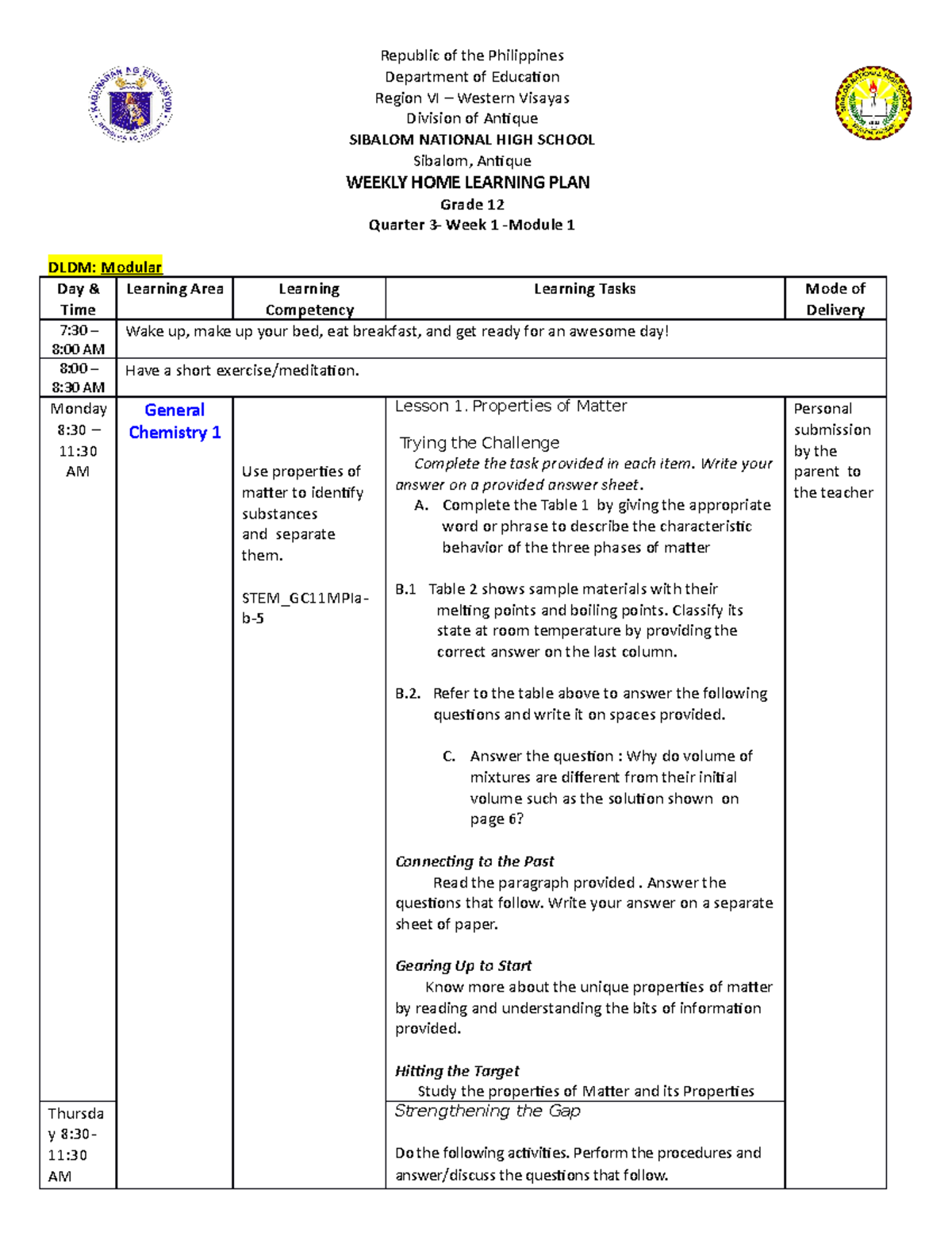 Mod 1 Weekly HOME Learning PLAN - Copy - Republic of the Philippines ...