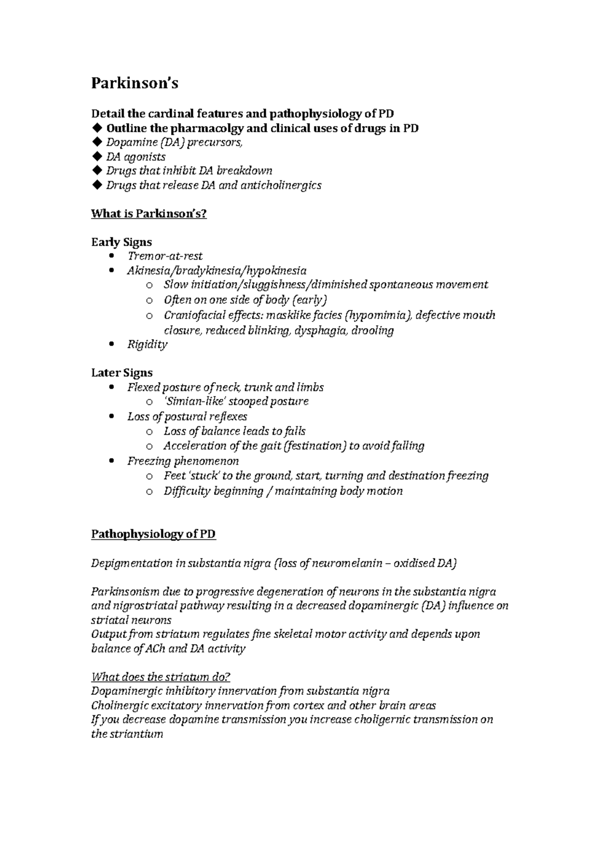 Parkinsons disease lecture notes - Parkinson’s Detail the cardinal ...