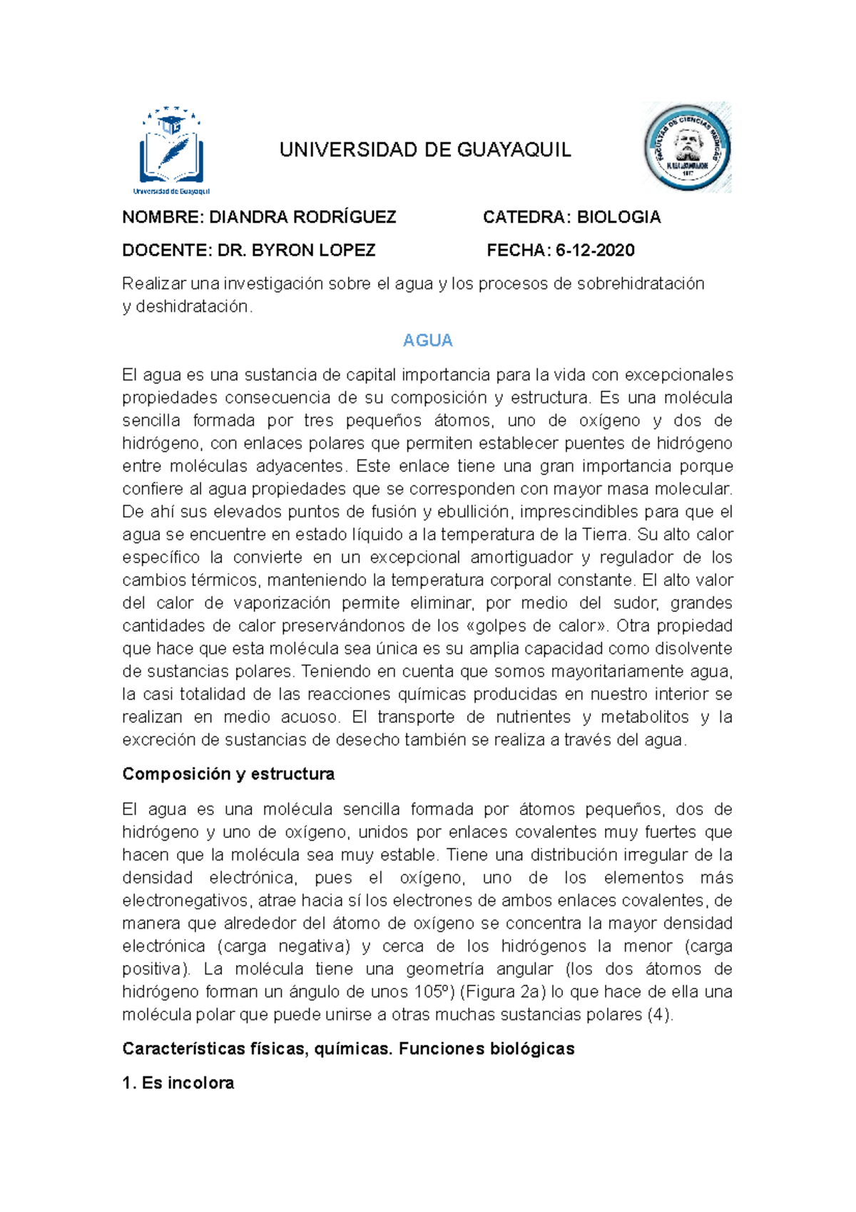 AGUA - UNIVERSIDAD DE GUAYAQUIL NOMBRE: DIANDRA RODRÍGUEZ CATEDRA ...