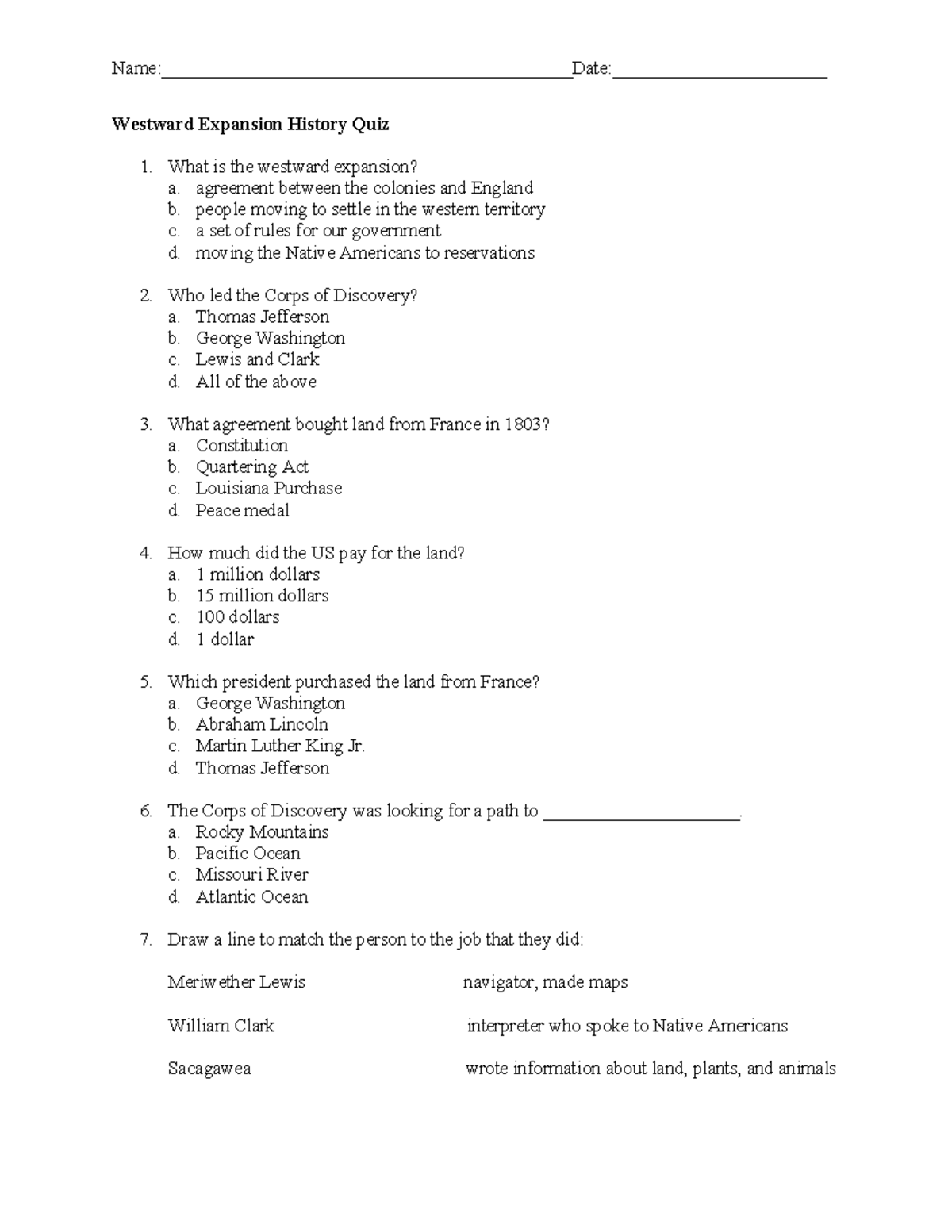 Westward Expansion Quiz US History - Name:_____________________Date ...