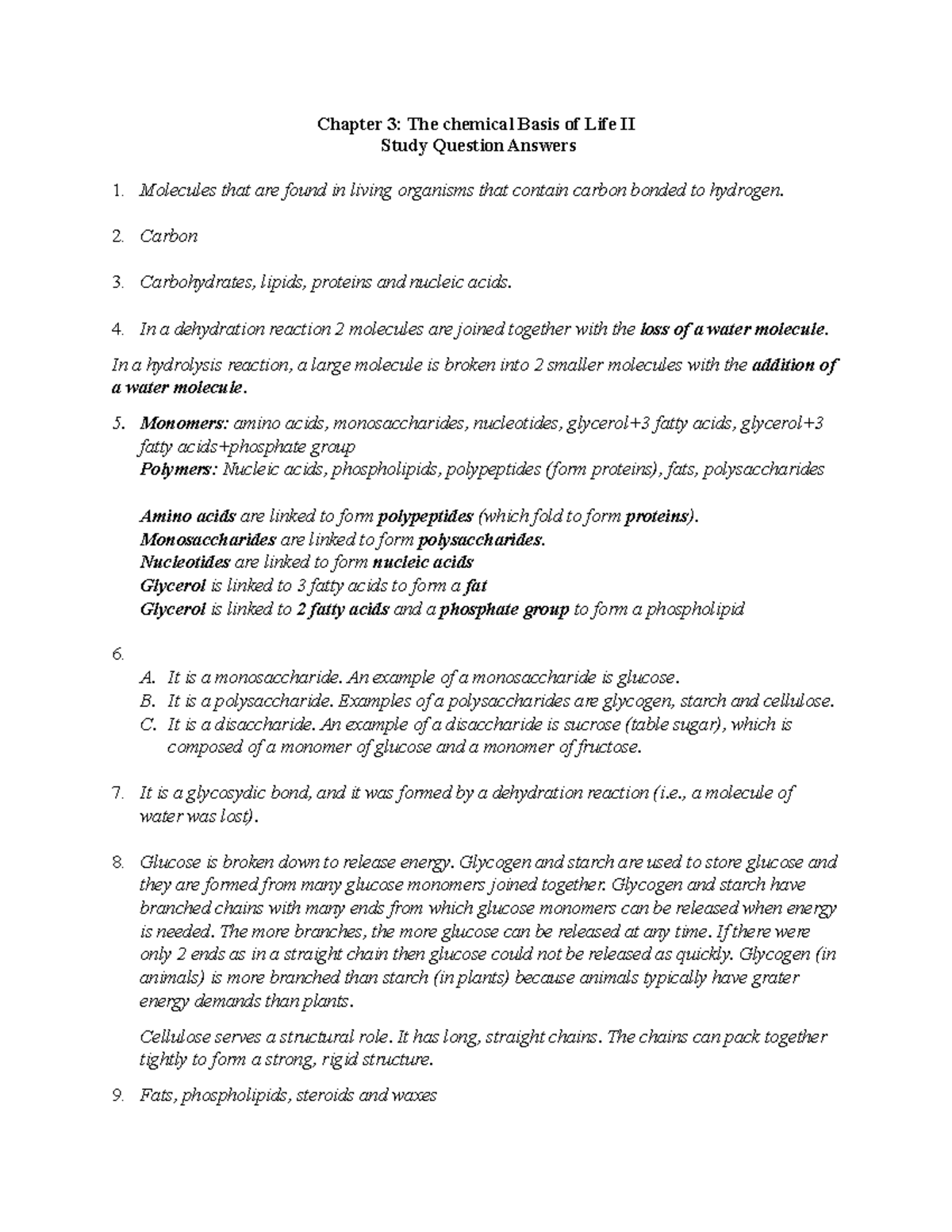 Chapter 3- The Chemical Basis of Life II- Study Question Solutions ...