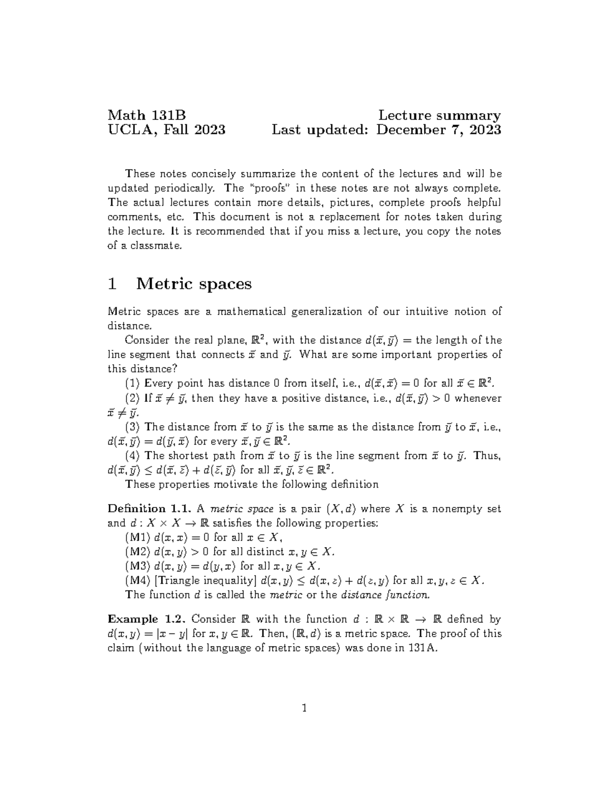 131b f23 outline - Lecture notes - Math 131B Lecture summary UCLA, Fall ...