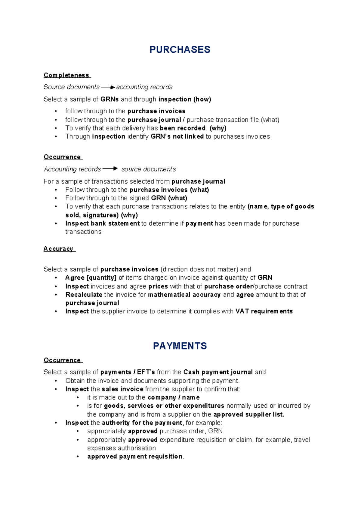Purchases AND Creditors - PURCHASES Completeness Source documents ...