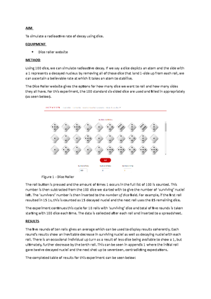 Unit 12 - Dice Roll Experiment - AIM To simulate a radioacive rate of ...