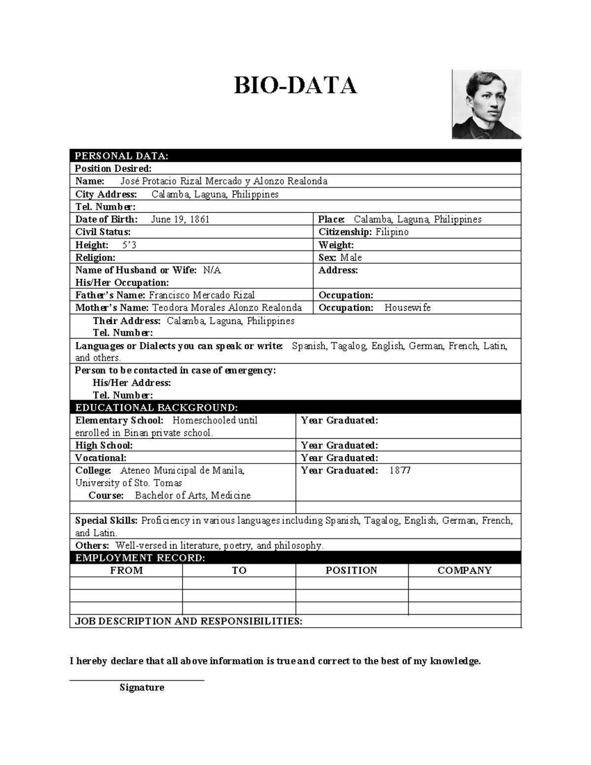 Biodata - rizal - BIO-DATA PERSONAL DATA: Position Desired: Name: José ...