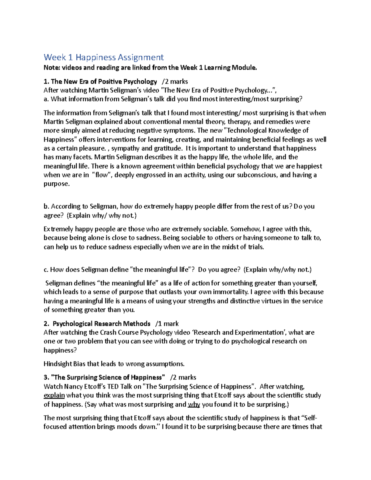 Week 1- Happiness Assignments - Week 1 Happiness Assignment Note ...