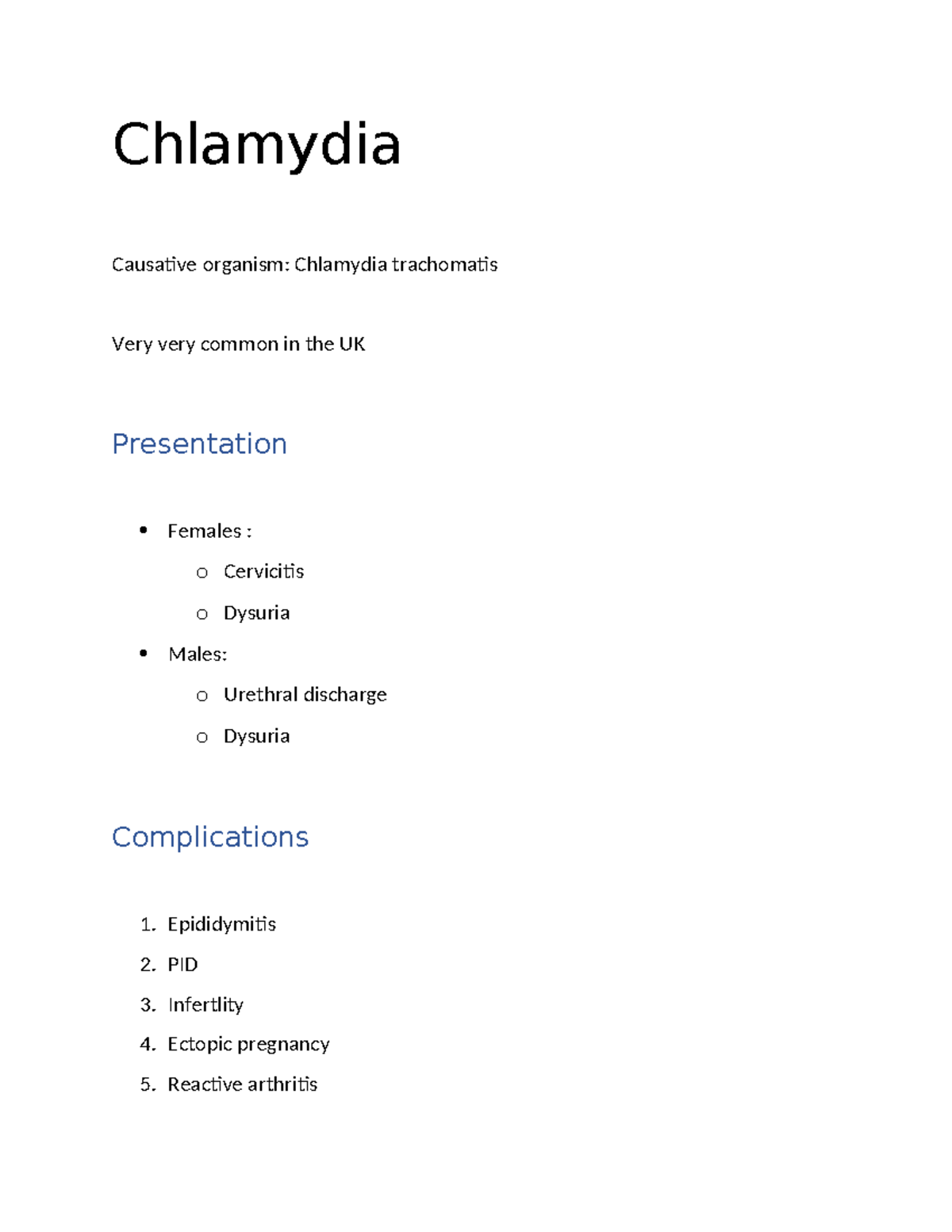 Sexual, gynae and obs - Chlamydia Causative organism: Chlamydia ...