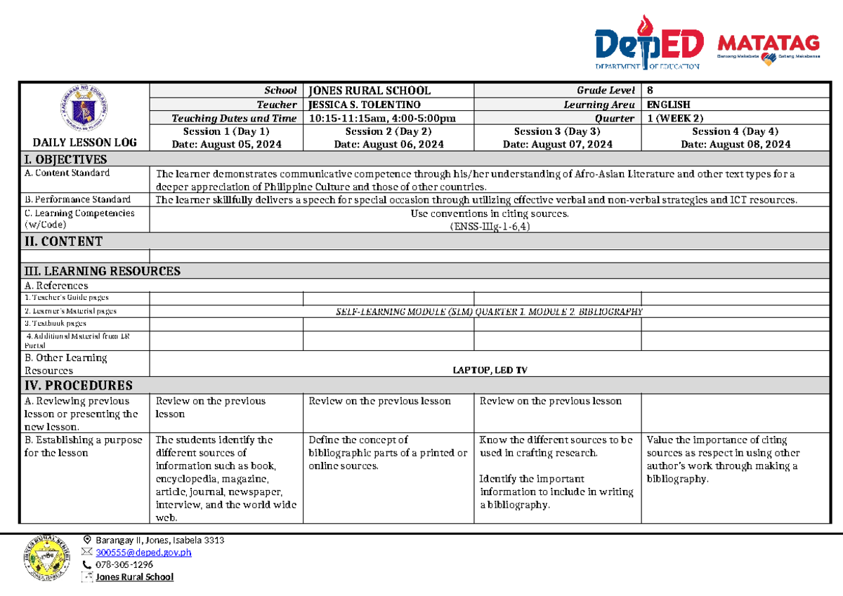 English 8 DLL Q1W2 - worksheets - DAILY LESSON LOG School JONES RURAL ...