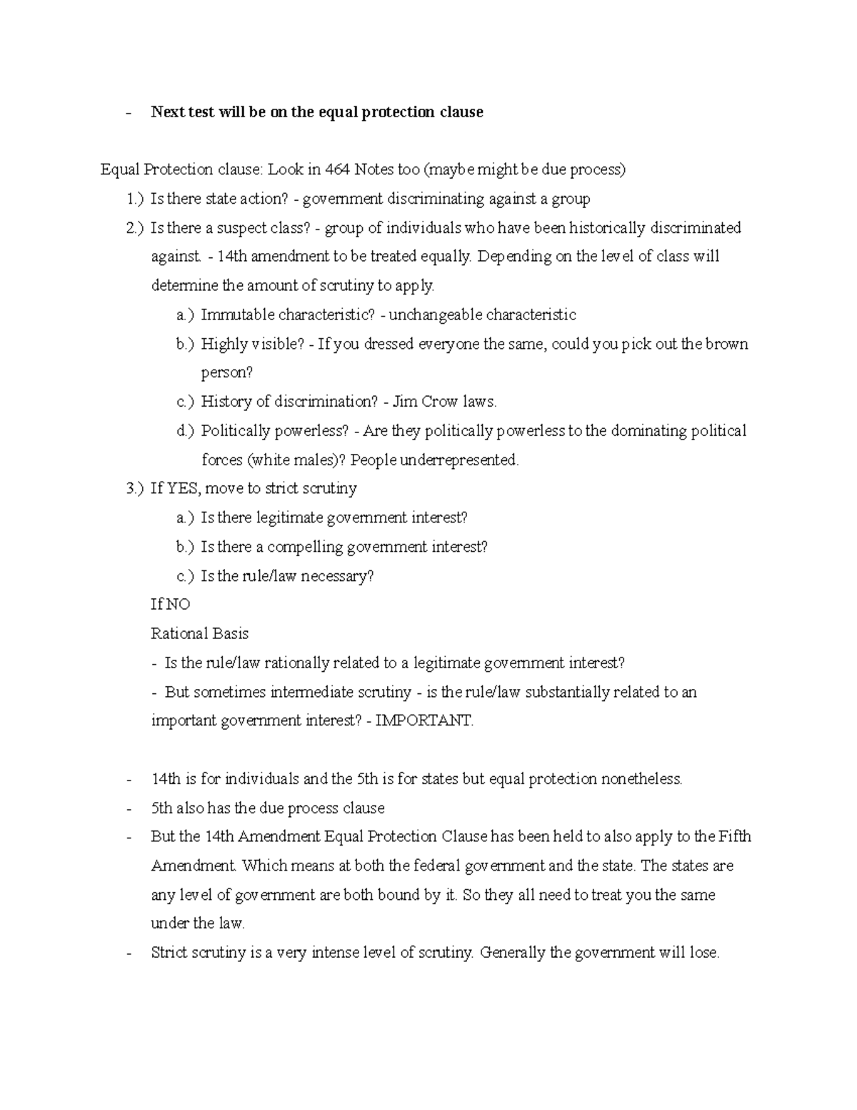 Notes from 10 5 21 - Next test will be on the equal protection clause ...