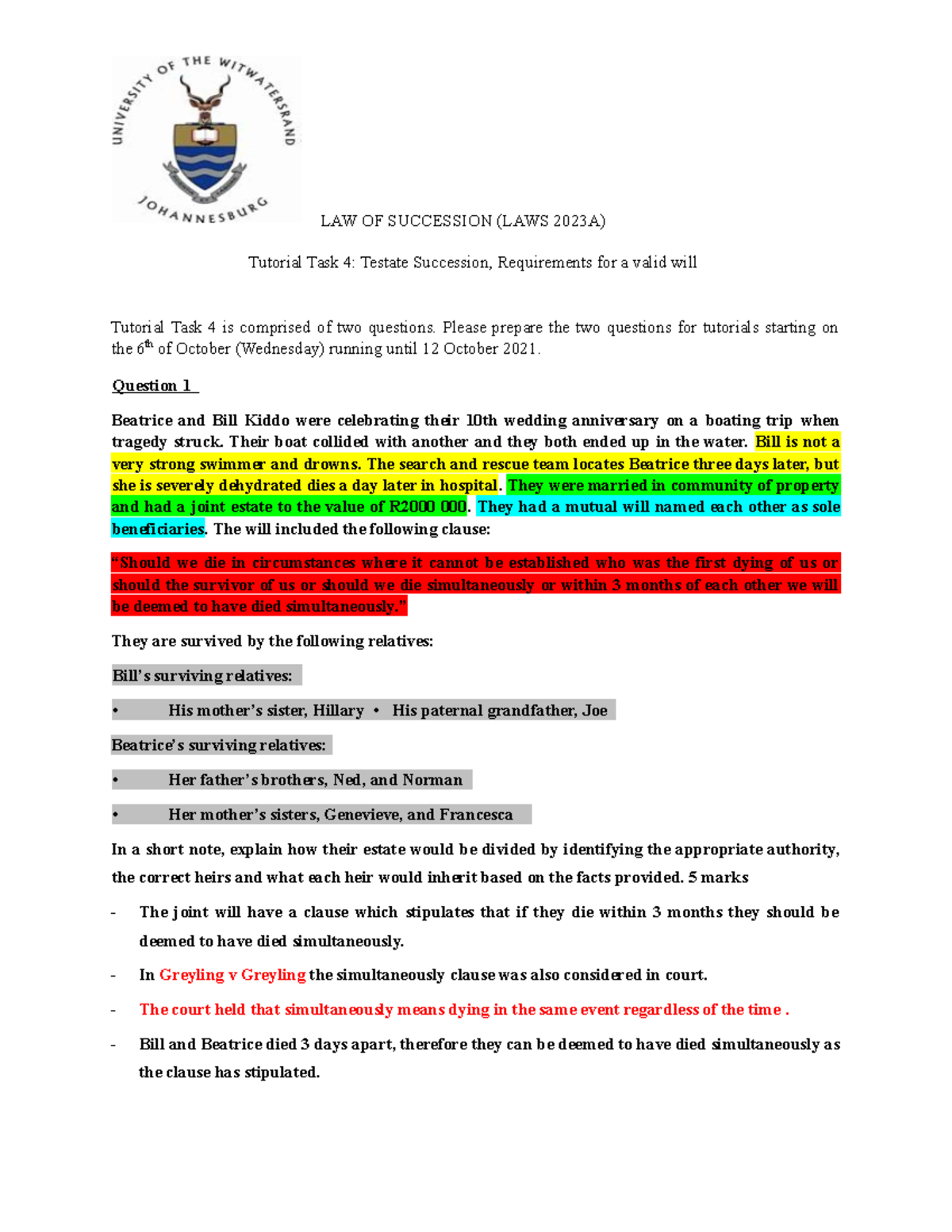 Tutorial Task 4 Testate Succession 2021 - LAW OF SUCCESSION (LAWS 2023A ...