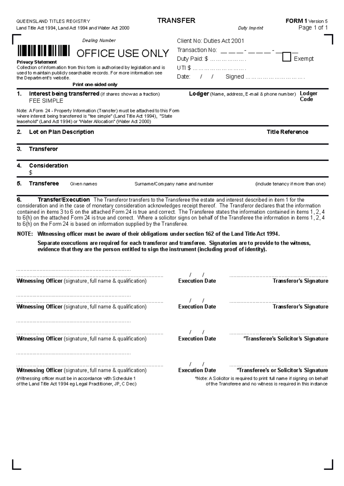 FORM 1 AND 24 - QUEENSLAND TITLES REGISTRY TRANSFER FORM 1 Version 5 ...
