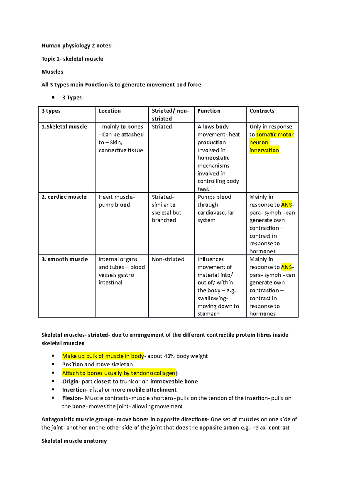 Human physiology 2 notes - Human physiology 2 notes- Topic 1- skeletal ...