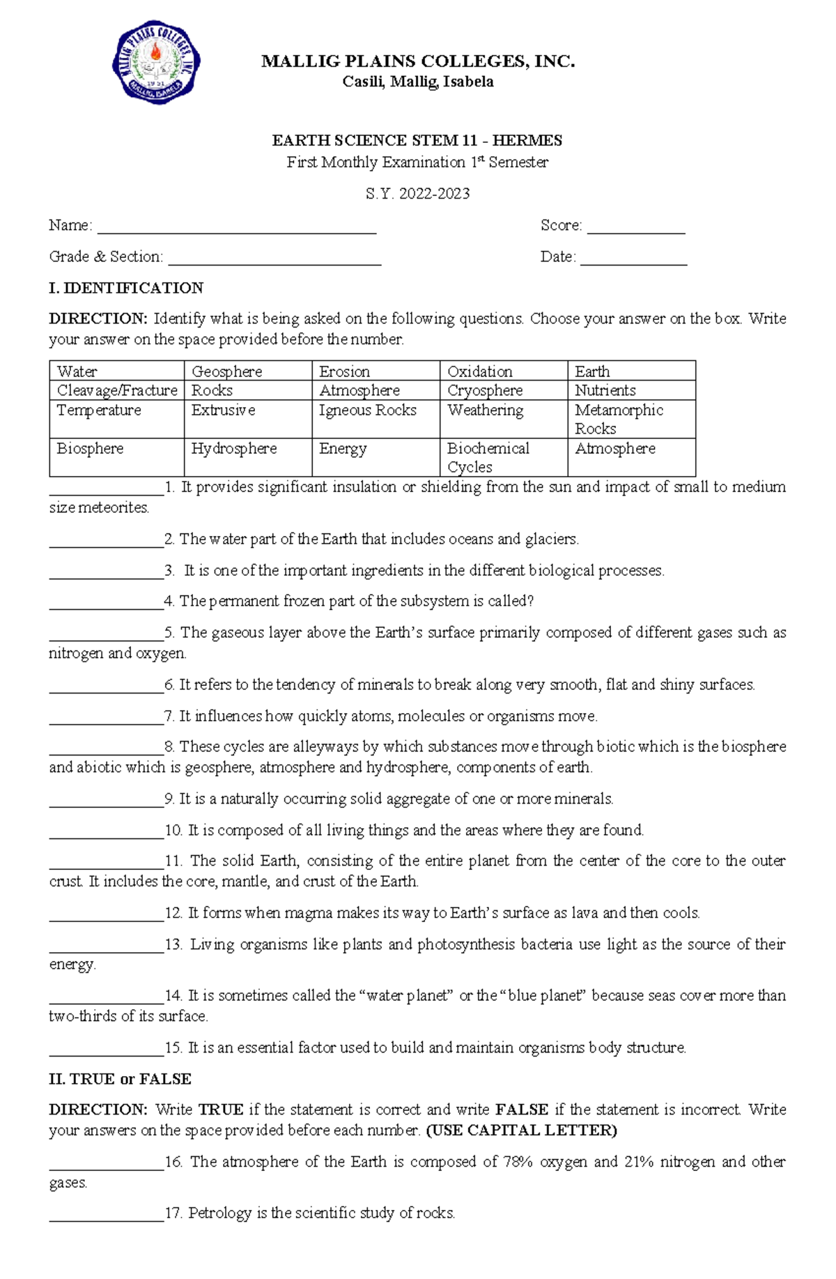 Earth Science EXAM (30 Copies) 1st sem - MALLIG PLAINS COLLEGES, INC ...